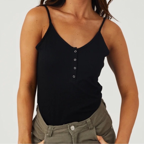 Tops | Nwt Ribbed Snap Button Spaghetti Strap Henley Tank Top Cami ...